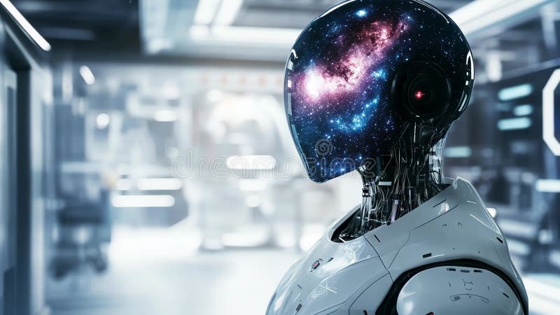 A Futuristic AI Robot with a Galaxy-like Reflective Head Stands in a ...