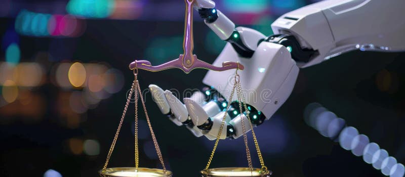 Futuristic AI Robot Hand Holding and Balancing Justice Scales in Modern ...