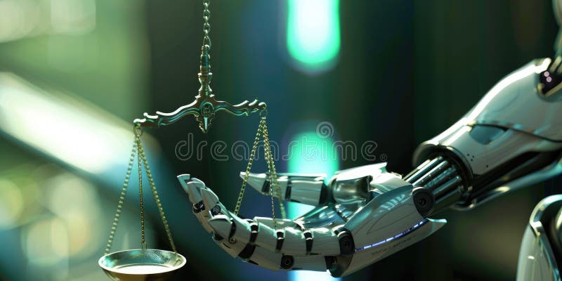 Futuristic AI Robot Hand Holding and Balancing Justice Scales in Modern ...