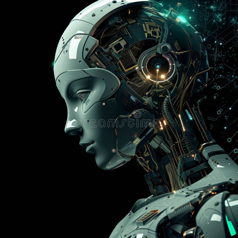 Futuristic AI Robot Head with Digital Circuit Patterns Stock ...