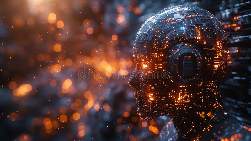 Futuristic AI Robot Head with Glowing Circuits in a Digital, Abstract ... Futuristic AI Robot Head with Glowing Circuits in a Digital, Abstract ...