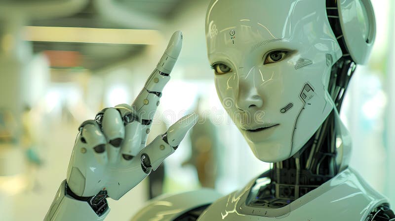 Futuristic AI Robot with Human Features Pointing Upwards. Conceptual ...