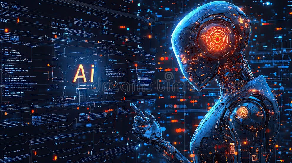 Futuristic AI Robot Interacting with Complex Data Streams and Artificial Intelligence Interface ...