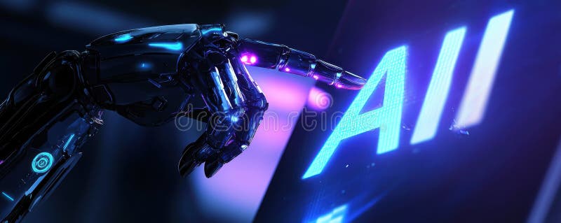 Futuristic AI Robot Interacting with Digital Device in Neon Light ...