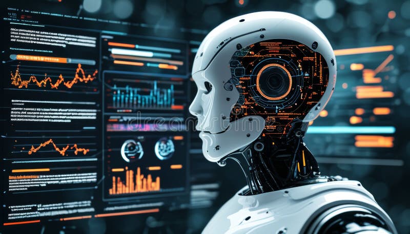 A Futuristic AI Robot Interacts with Data Screens, Processing Analytics ...