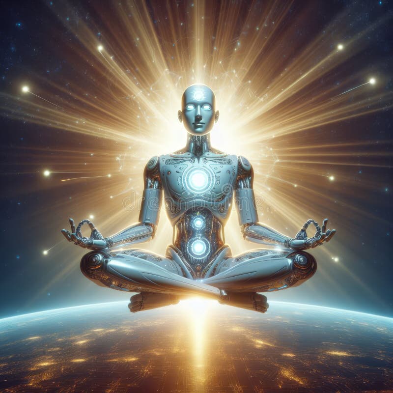 Futuristic AI Robot Meditating with Radiant Light Stock Photo - Image ...