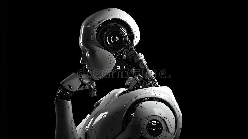 Futuristic AI Robot Posing Thoughtfully Against a Dark Background ...
