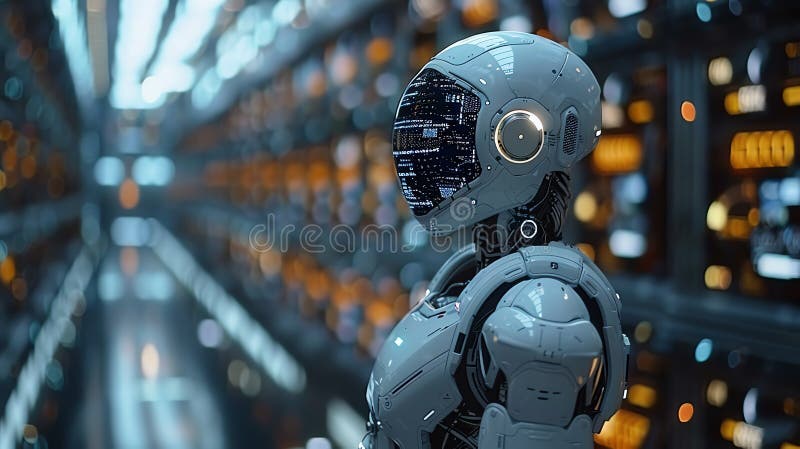 Futuristic AI Robot Standing in a High-tech Server Room, Surrounded by ...