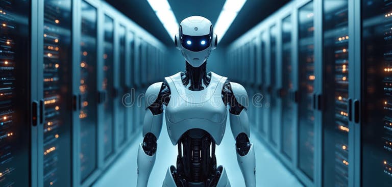Futuristic AI Robot Stands in Data Server Room. Artificial Intelligence ...