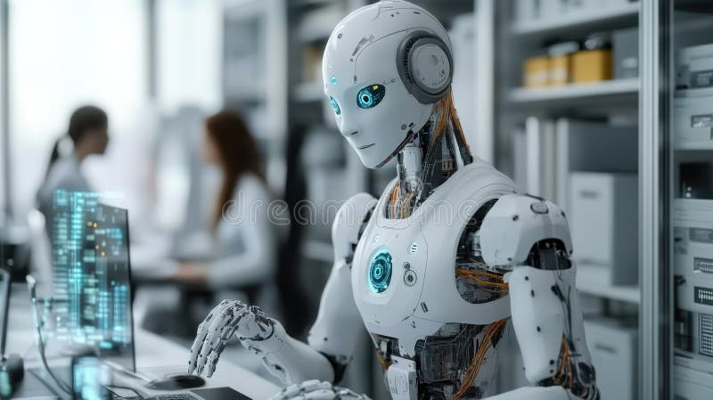 Futuristic Robot Analyzing Data on a Digital Tablet in a Tech ...