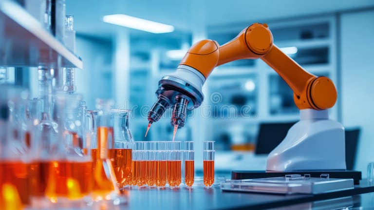 Futuristic AI Robotic Arm in High-Tech Biotech Lab Stock Illustration ...