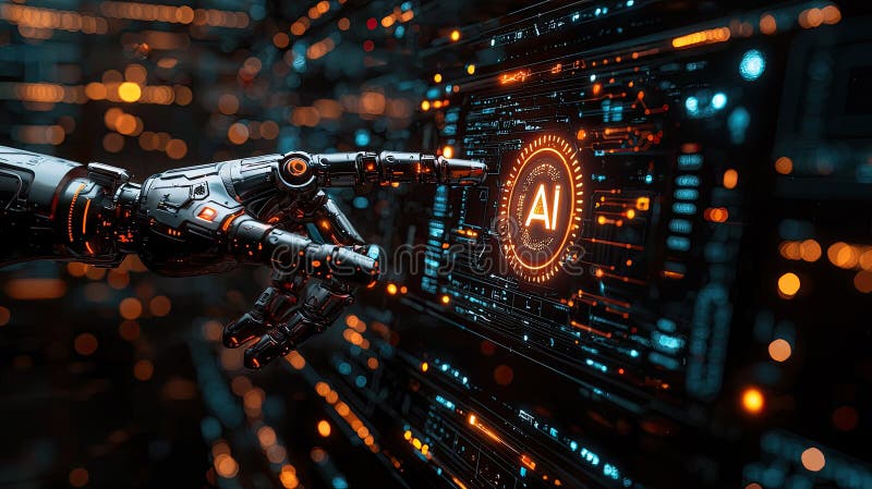 Futuristic AI Robotic Hand Interacting with Circuit Board, Data ...