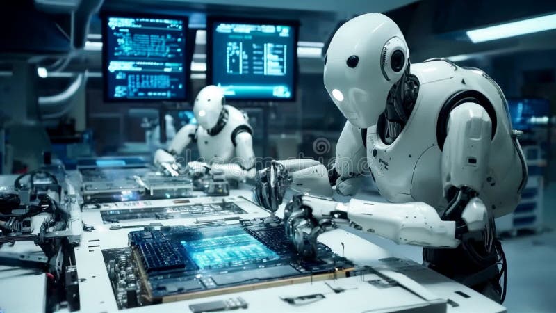 Futuristic AI Robotics – Advanced Robots Assembling High-Tech Circuit ...