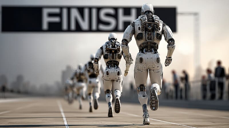 Futuristic Ai Robots Racing Towards Finish Line in Competitive Speed ...