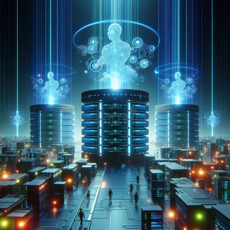 Futuristic AI Server Hub with Glowing Digital Avatars Stock Image ...