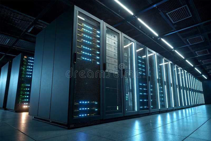 Futuristic AI Server with LED-lit Racks in a Dark Data Center Stock ...