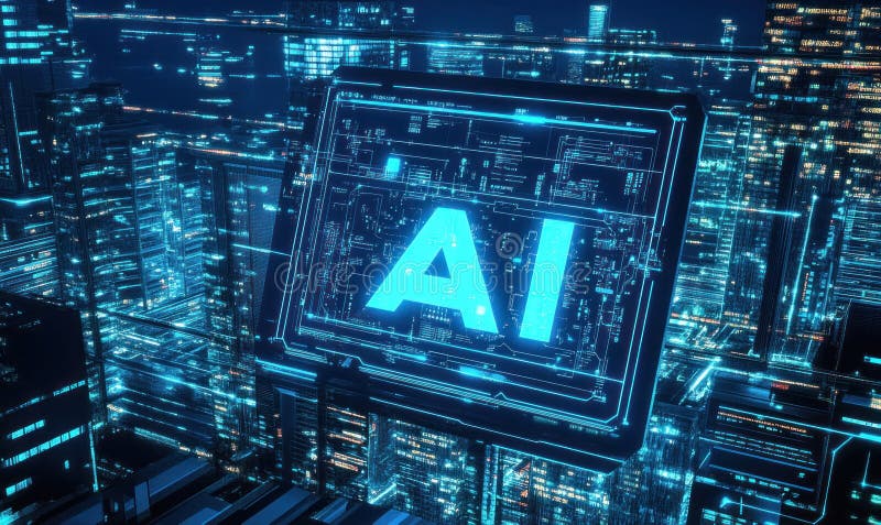 Futuristic AI Technology Concept in Neon Cityscape Stock Image - Image ...