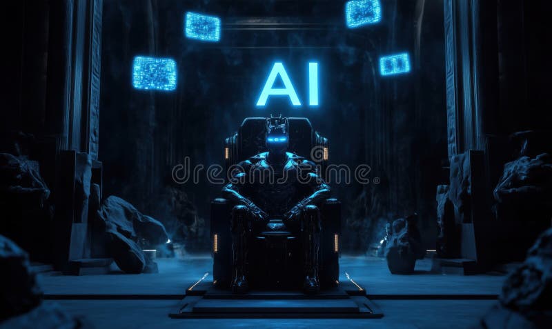 Futuristic AI Throne Room with Robotic Figure and Glowing Technology ...