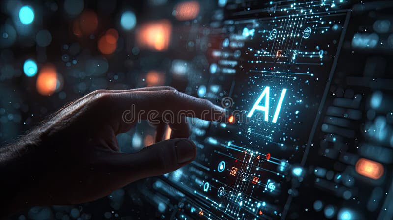 Futuristic AI Touchscreen Interface Human Finger Interacting with Artificial Intelligence ...