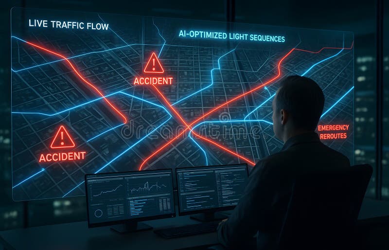Futuristic AI Traffic Control Room with Neon City Map, Accident Alerts, and Emergency Reroute ...