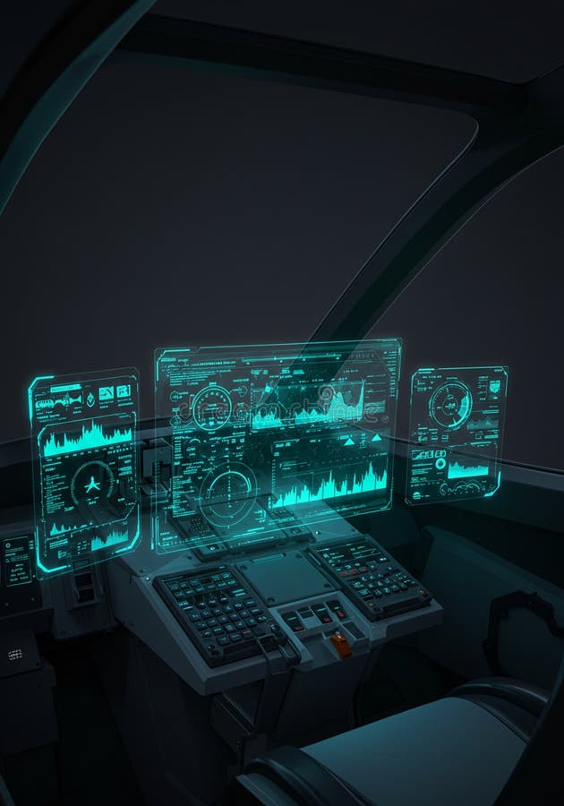 Futuristic Aircraft Cockpit with Teal Digital Interface Stock ...