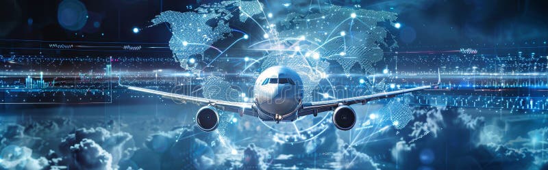 A Futuristic Aircraft Flies through a Digital World Map with a Network ...