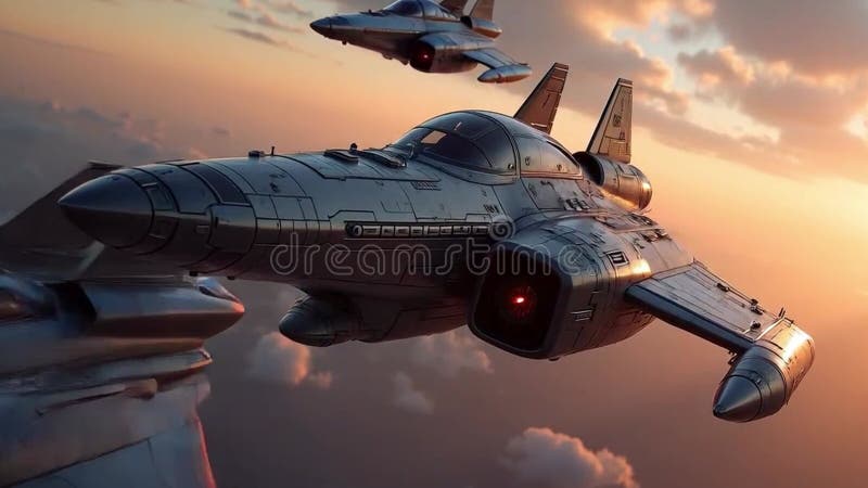 Futuristic Aircraft Formation Soaring through the Sky Against a Sunset ...