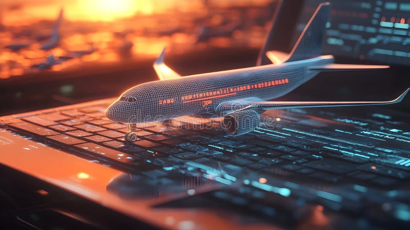 Futuristic Aircraft Model on Laptop Keyboard with Digital Grid Overlay ...