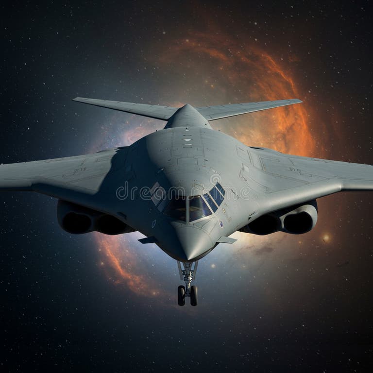 A Futuristic Aircraft, Possibly a Bomber, Flies in Space. it Has a ...