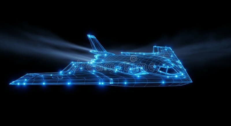 Futuristic Aircraft Wireframe Blueprint with Glowing Lights on Black ...