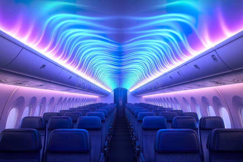 Futuristic Airplane Cabin with Neon Blue and Purple Ambient Lighting ...