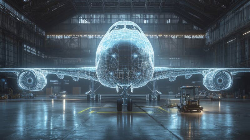 Futuristic Airplane Digital Wireframe in Dark Hangar Stock Illustration ...