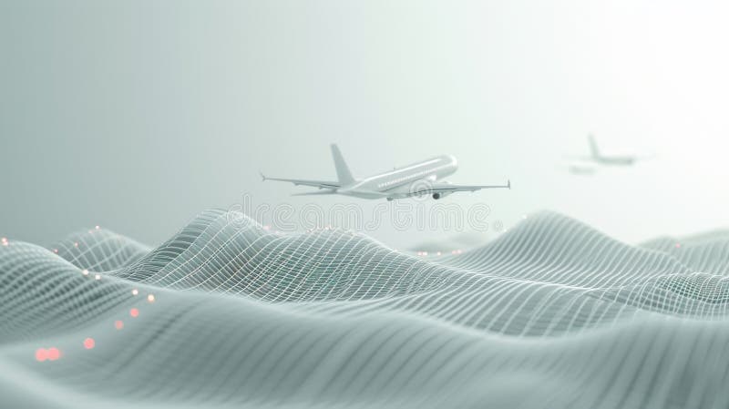 Futuristic Airplane Flying Over Digital Landscape with Grid Patterns ...