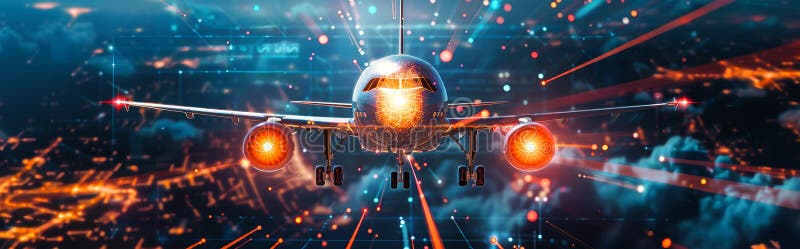 Futuristic Airplane Flying through the Sky with Digital Data Streams ...