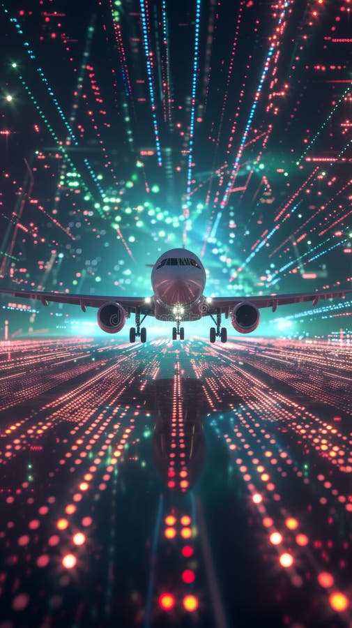 Futuristic Airplane Flying through a Tunnel of Glowing Data Points Stock Image - Image of ...