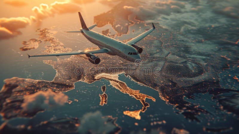 Futuristic Airplane Gliding Over Translucent Digital World Map Stock ...