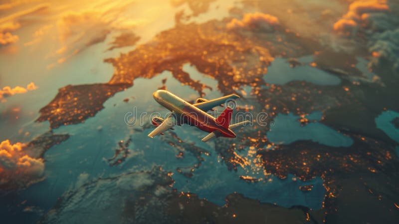 Futuristic Airplane Gliding Over Translucent Digital World Map Stock ...