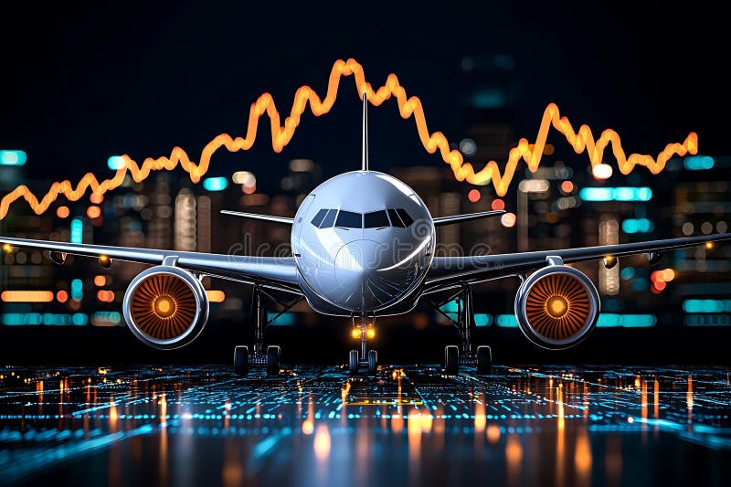 Futuristic Airplane with Glowing Engines and Data Visualization Background, Symbolizing Aviation ...