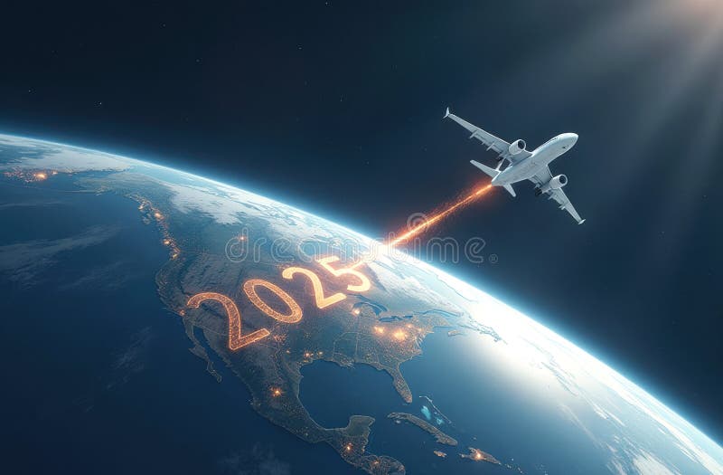 Futuristic Airplane Launching from Earth with 2025 in Glowing Numbers ...