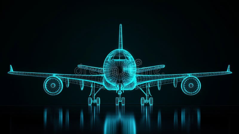 Futuristic Airplane with Neon Blue Lights on Dark Background. Stock ...