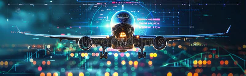 Futuristic Airplane Soaring in the Digital Sky with Data Visualizations, Symbolizing Advanced ...