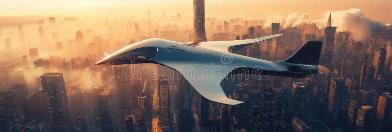 Futuristic Airplane with Sleek Design Soaring Over a Vibrant Sci Fi ...