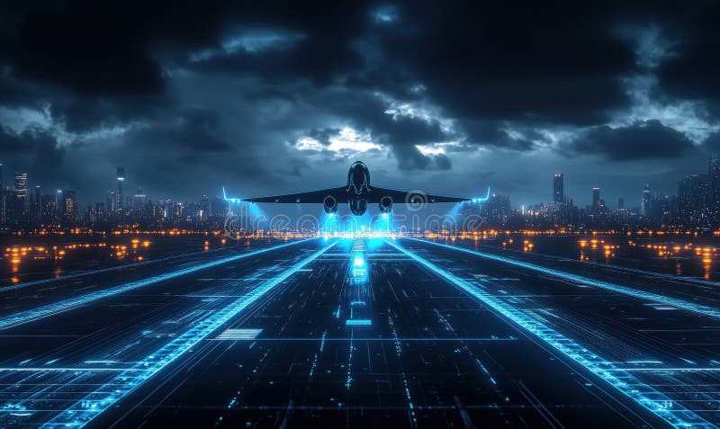 Futuristic Airplane Taking Off at Night with Glowing Runway and City ...