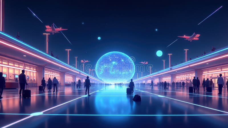 Futuristic Airport Terminal with Glowing Sphere Stock Illustration ...