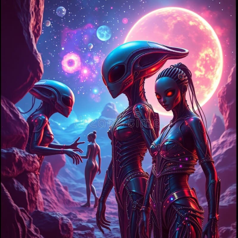 Futuristic Alien Explorers in a Vibrant Cosmic Landscape with Multiple ...