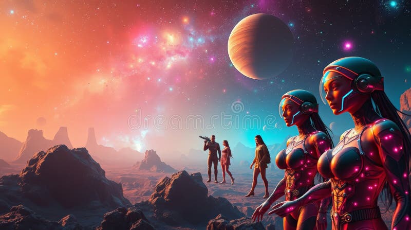 Futuristic Alien Explorers in a Vibrant Cosmic Landscape with Multiple ...