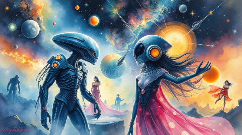 Futuristic Alien Explorers in a Vibrant Cosmic Landscape with Multiple ...