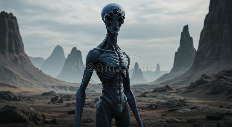 Futuristic Alien Figure with a Slender, Muscular Build and Three Eyes ...