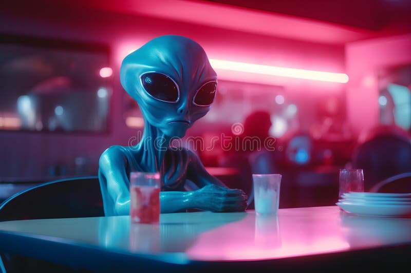 Futuristic Alien in a Neon Cafe. 3d Rendering Stock Illustration ...