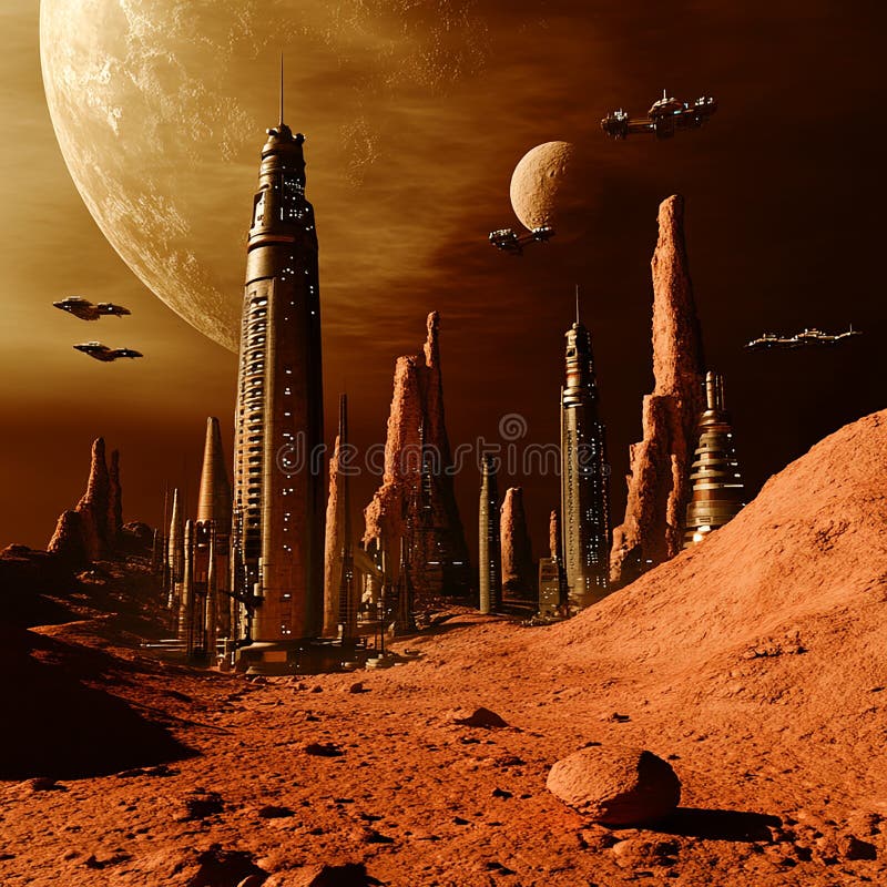 Futuristic Alien Outpost on a Red Desert Planet Stock Photo - Image of ...